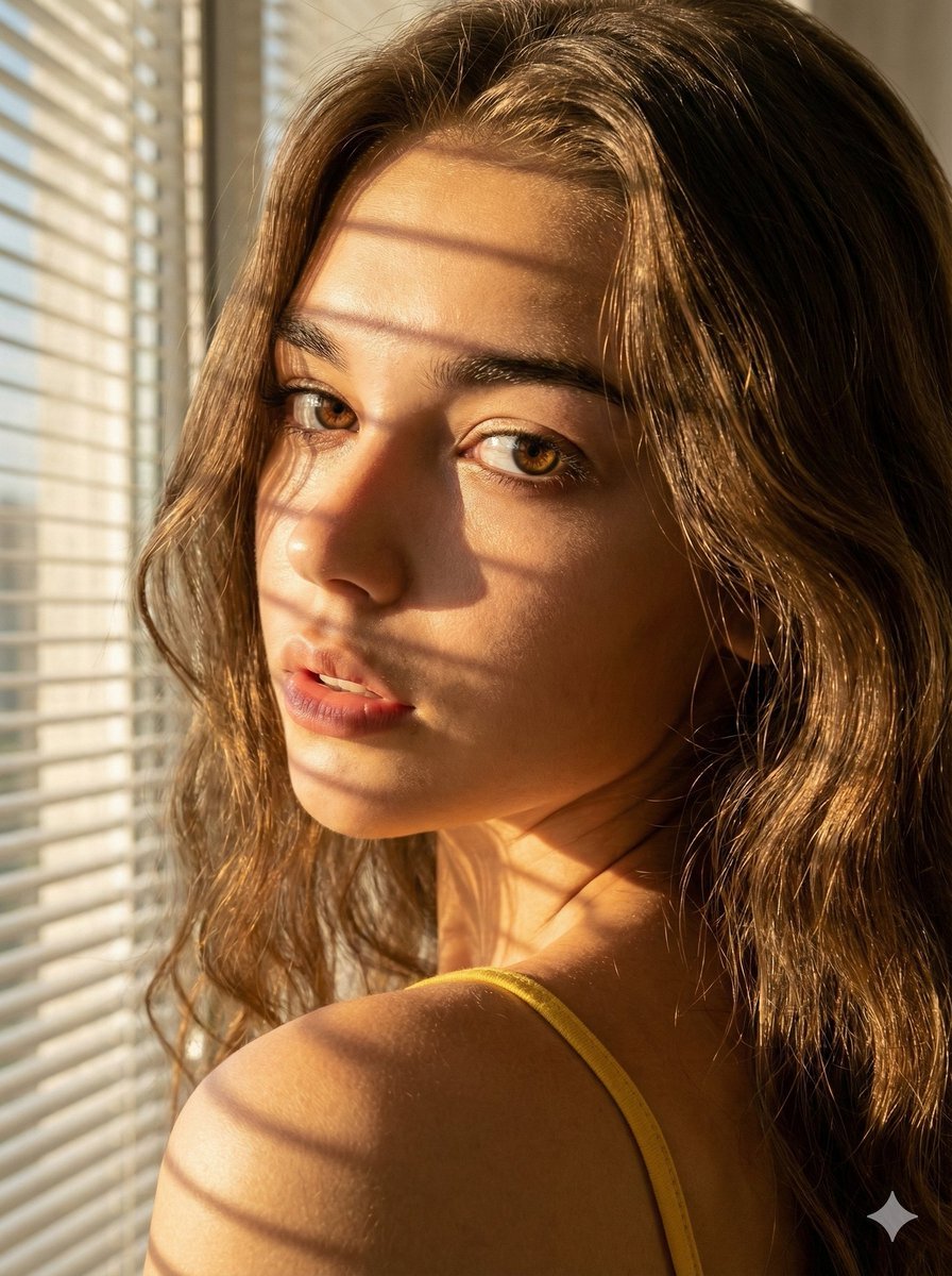 光影下的侧颜少女 - Close-up of a young woman with warm sunlight and shadow ...
