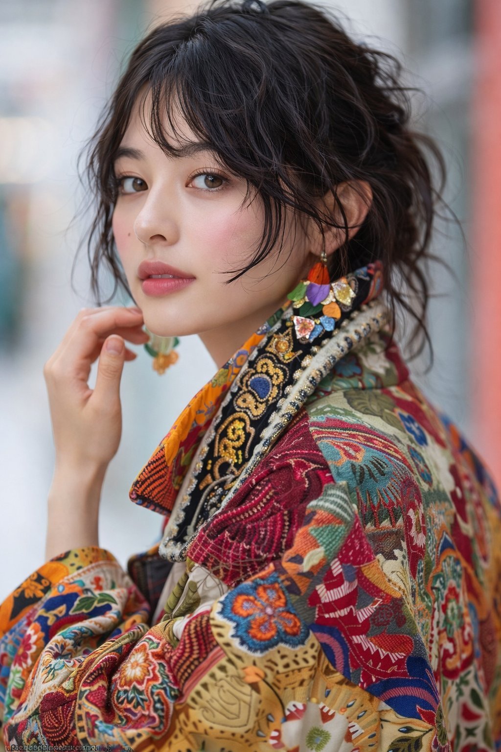 时尚肖像：身着刺绣拼布夹克的女性 - Fashion portrait of a woman in an embroidered ...