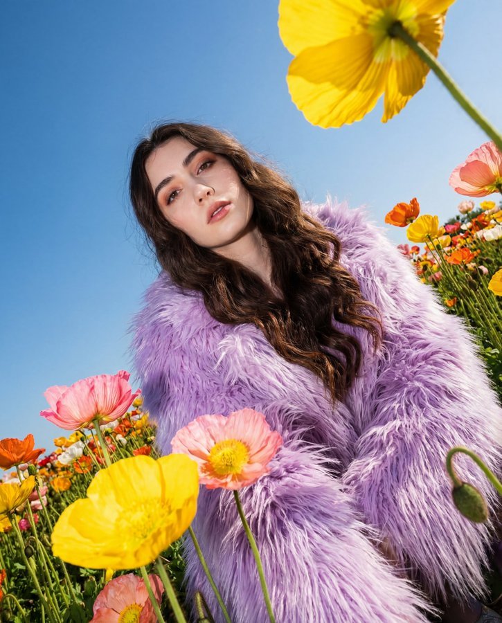 薰衣草皮草花田时尚人像 - Lavender Fur Coat in Poppy Field Editorial Shot - AI ...