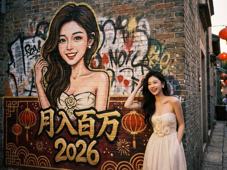 新年主题街头肖像 - 真人站在月入百万涂鸦墙前 - AI Image Prompt for Google Nano Banana ...