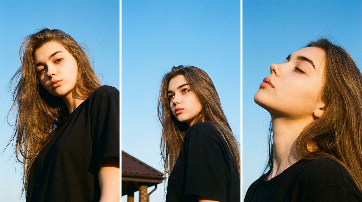 基于上传图片的女性三联肖像 - Serene Triptych Portrait Against Clear Blue Sky - AI ...