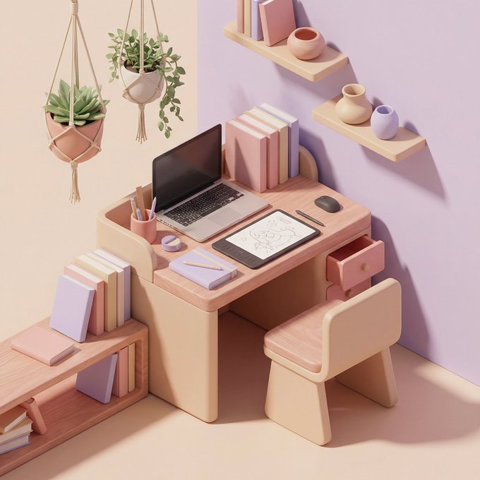 柔美等距3D场景 - 现代简约书桌与温馨氛围 - AI Image Prompt for Google Nano Banana | MyGIF ...