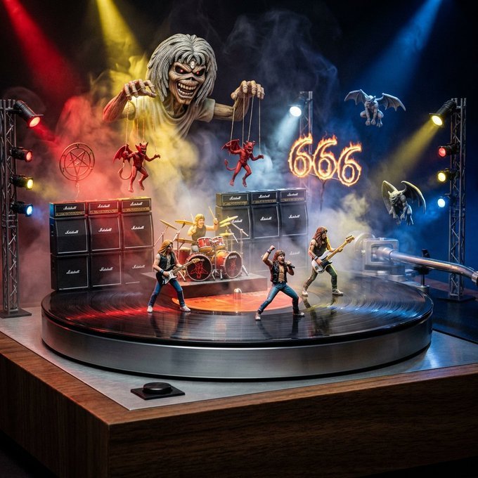 Aerosmith 乐队微缩模型在复古唱机舞台上的超现实音乐会 - AI Image Prompt for Google Nano ...